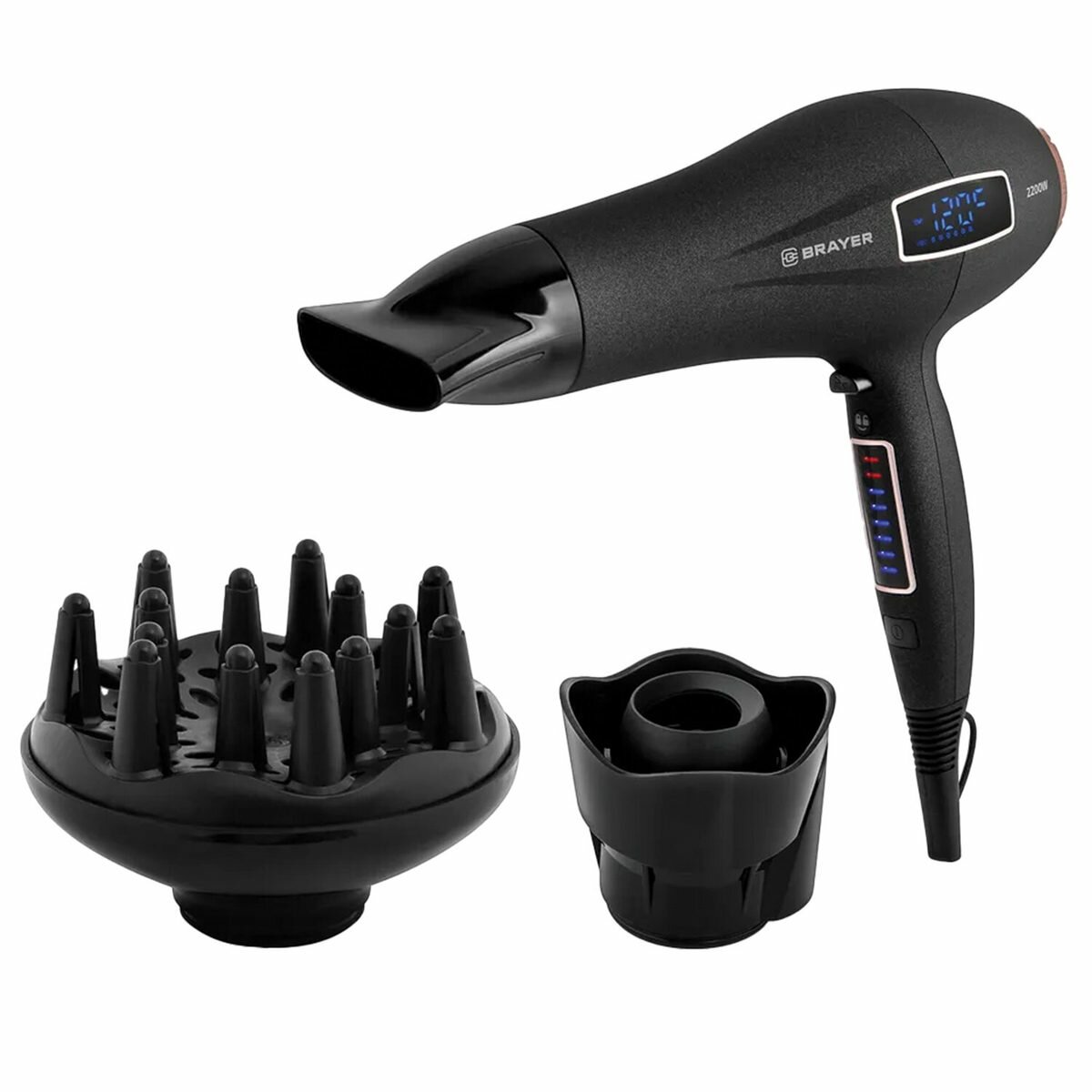 Фен Brayer BR3001, 2200Вт, 6 скоростей, 8 температурных режимов, сенсорное управление, серый