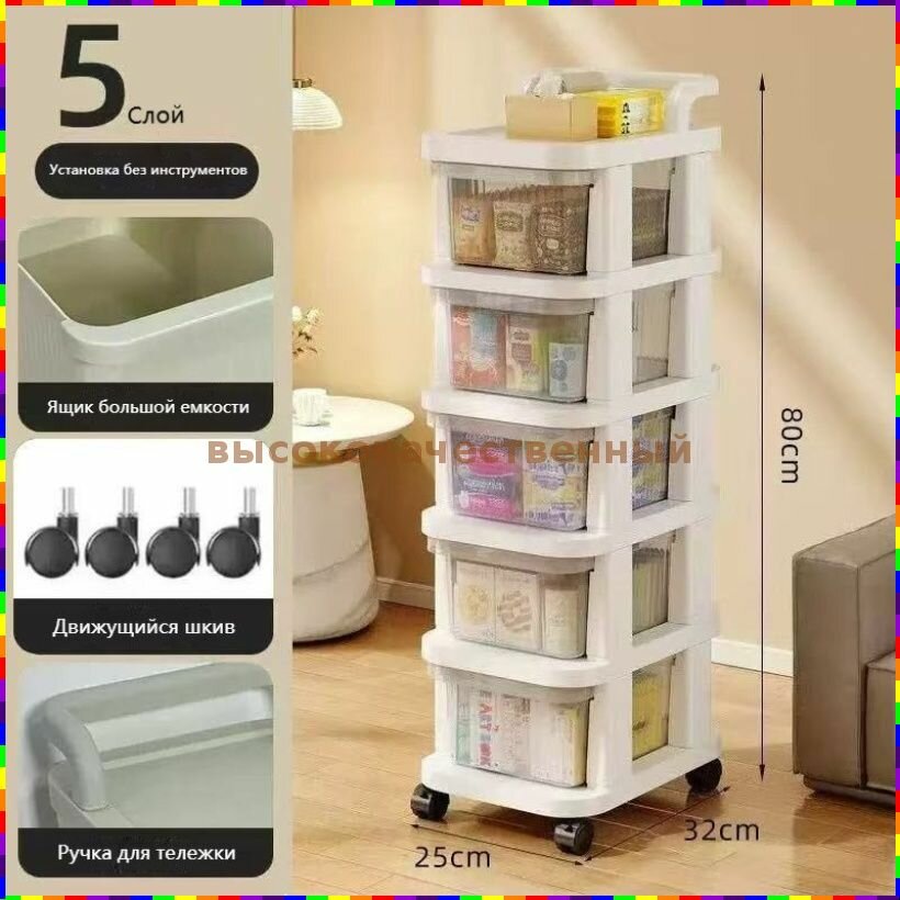 Узкий пластиковый комод с выдвижными ящиками на колесиках удобная тумба-органайзер для хранения вещей