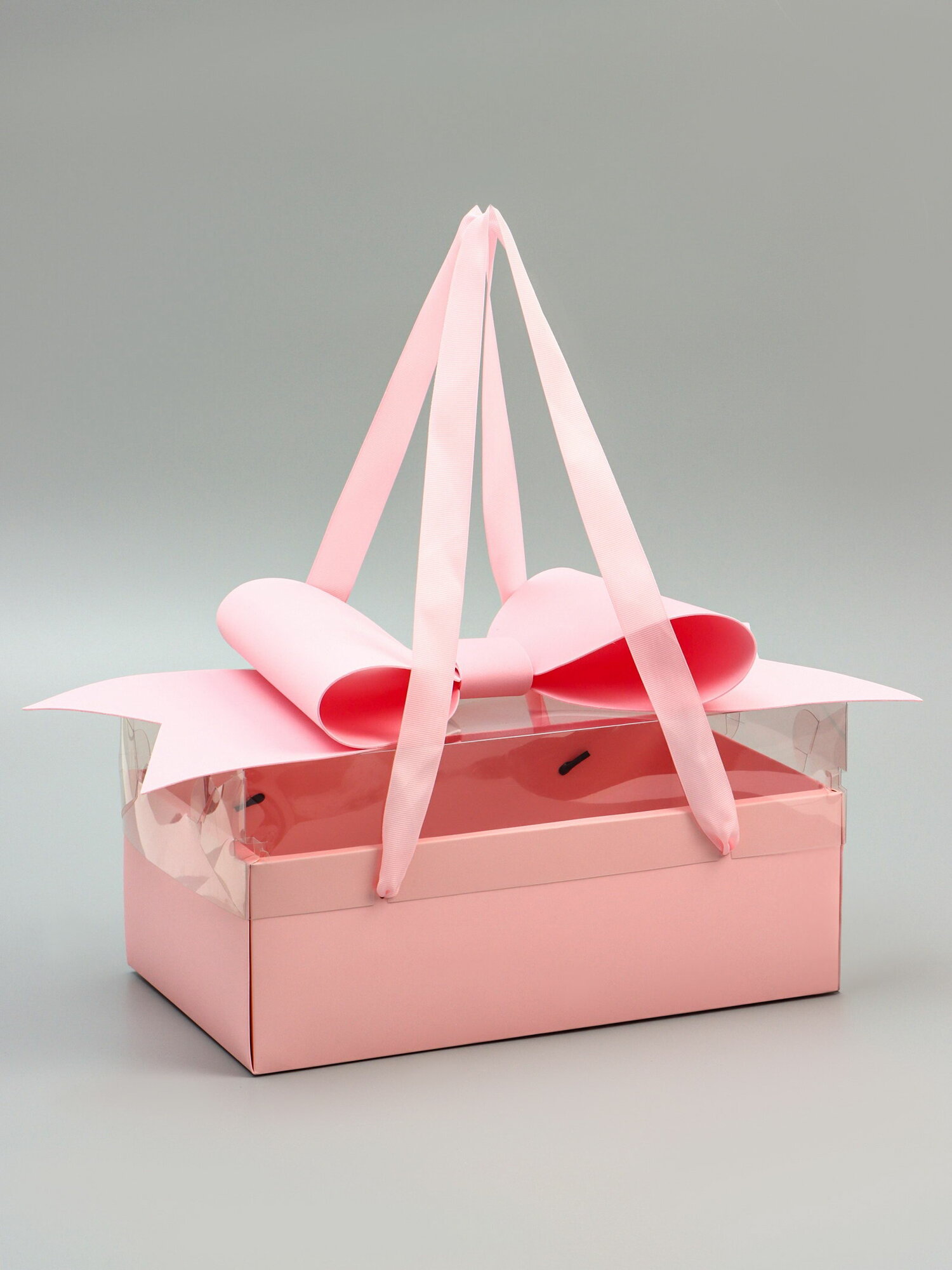 Коробка подарочная с бантом, ручками и прозрачной крышкой 35x21x15 см Розовая