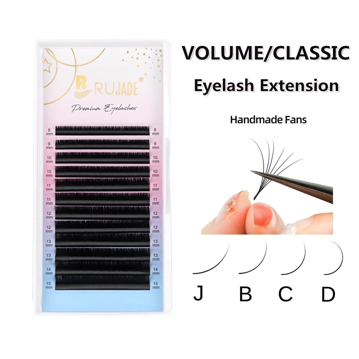RUJADE B/J Curl Накладная норка 0,03-0,20 мм Объемная классическая смесь ресниц (8-15) Микс (15-20) Смесь нижних ресниц (5-7 мм) Под ресницами