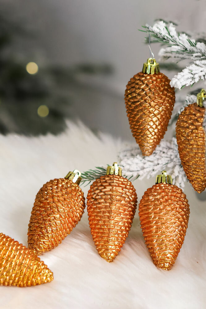 Набор шишки еловые, янтарный, пластик, 8 см, 6 шт, Kaemingk 028660