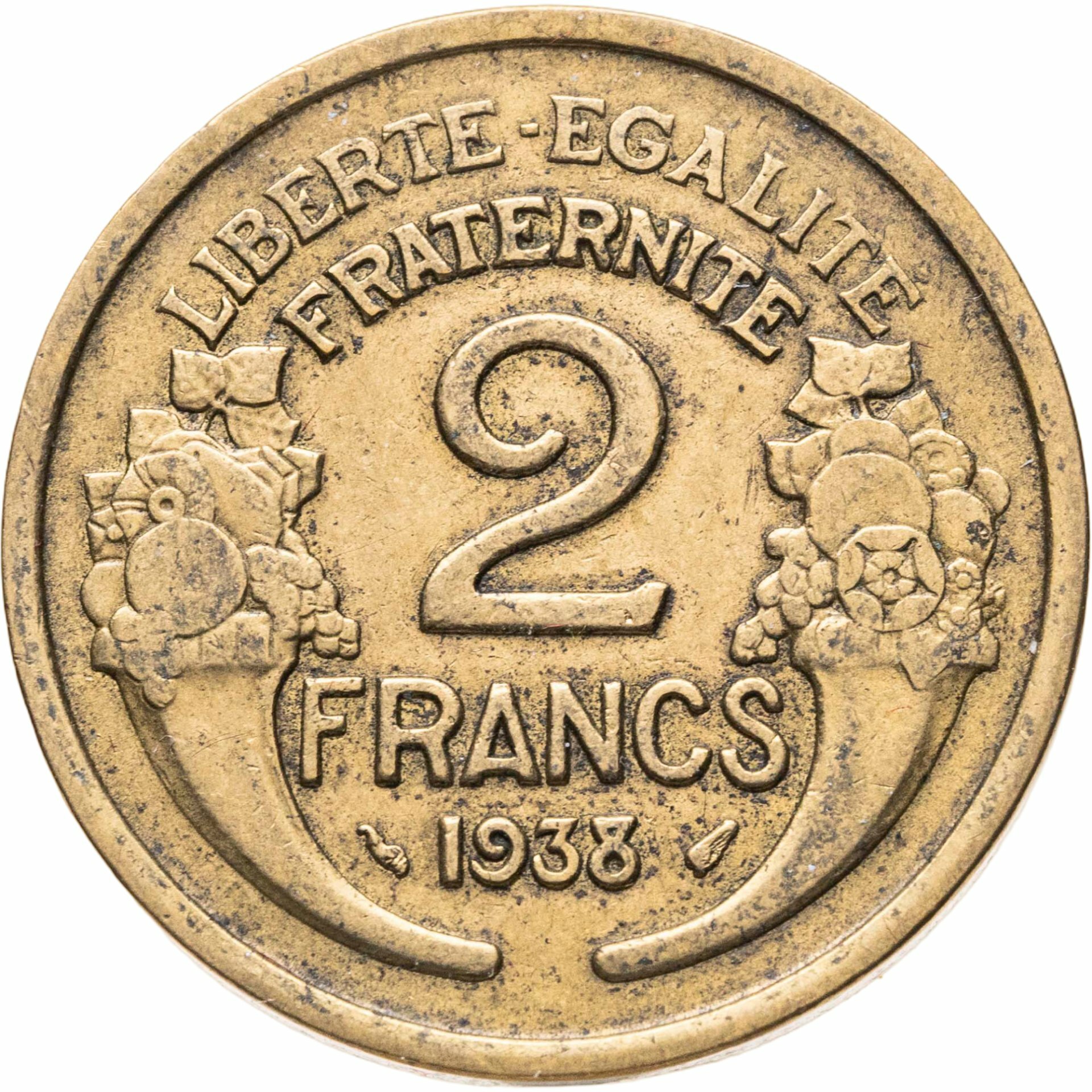 Франция 2 франка francs 1938, Бронза, в сохранности VF