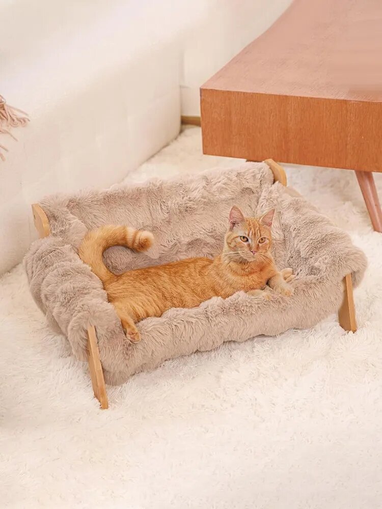 Гамак Для Кошек Напольный Меховой лежак для кошек коричневый деревянный каркас