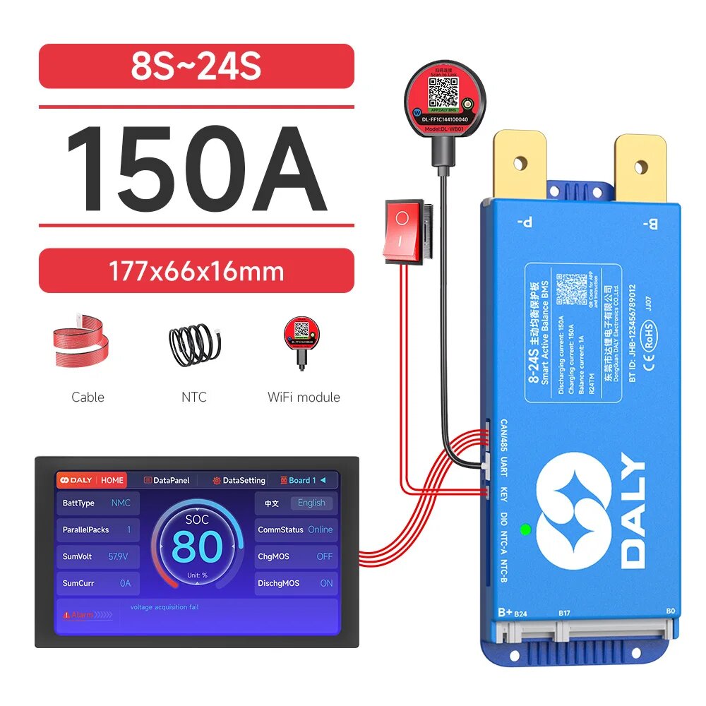 DALY Smart BMS LiFePo4 100-500A 8-24S 150ABMS 4.3LCD