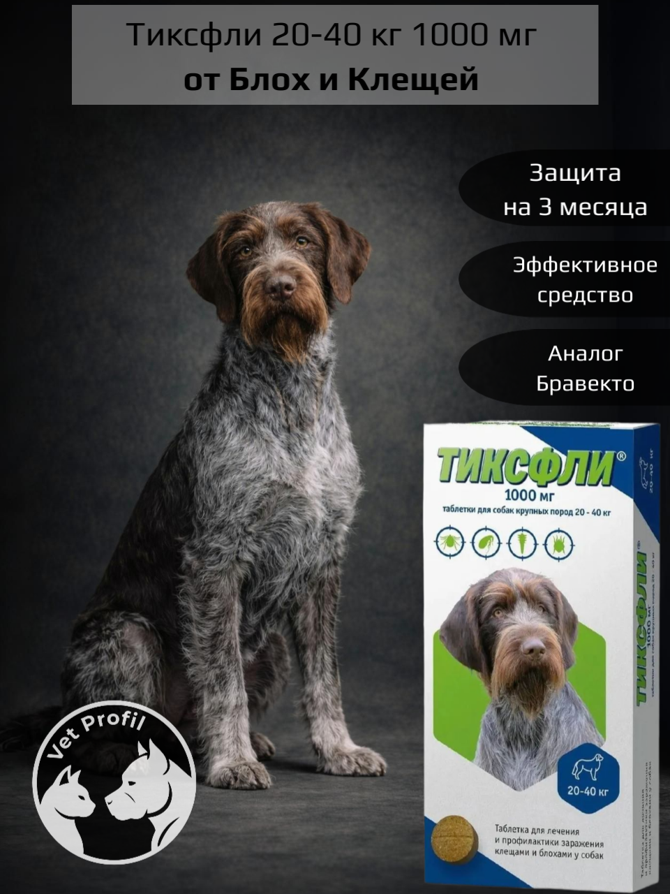 Средство от клещей и блох тиксфли для собак средних и крупных пород 20-40кг, 1000мг
