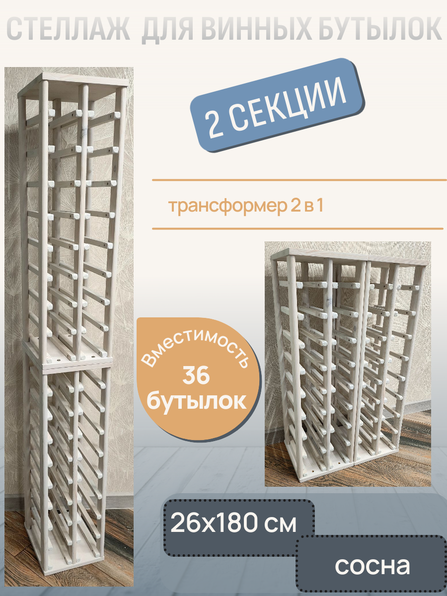 Стеллаж винный RackForWine узкий двурядный двухсекционный на 36 бутылок цвет белый