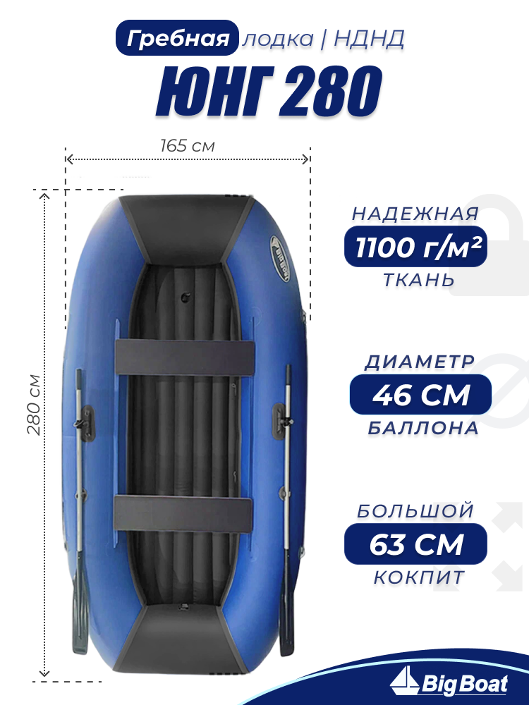 Гребная лодка ПВХ Big Boat Юнг 280, армированный ПВХ, 3 места, грузоподъемность 450 кг