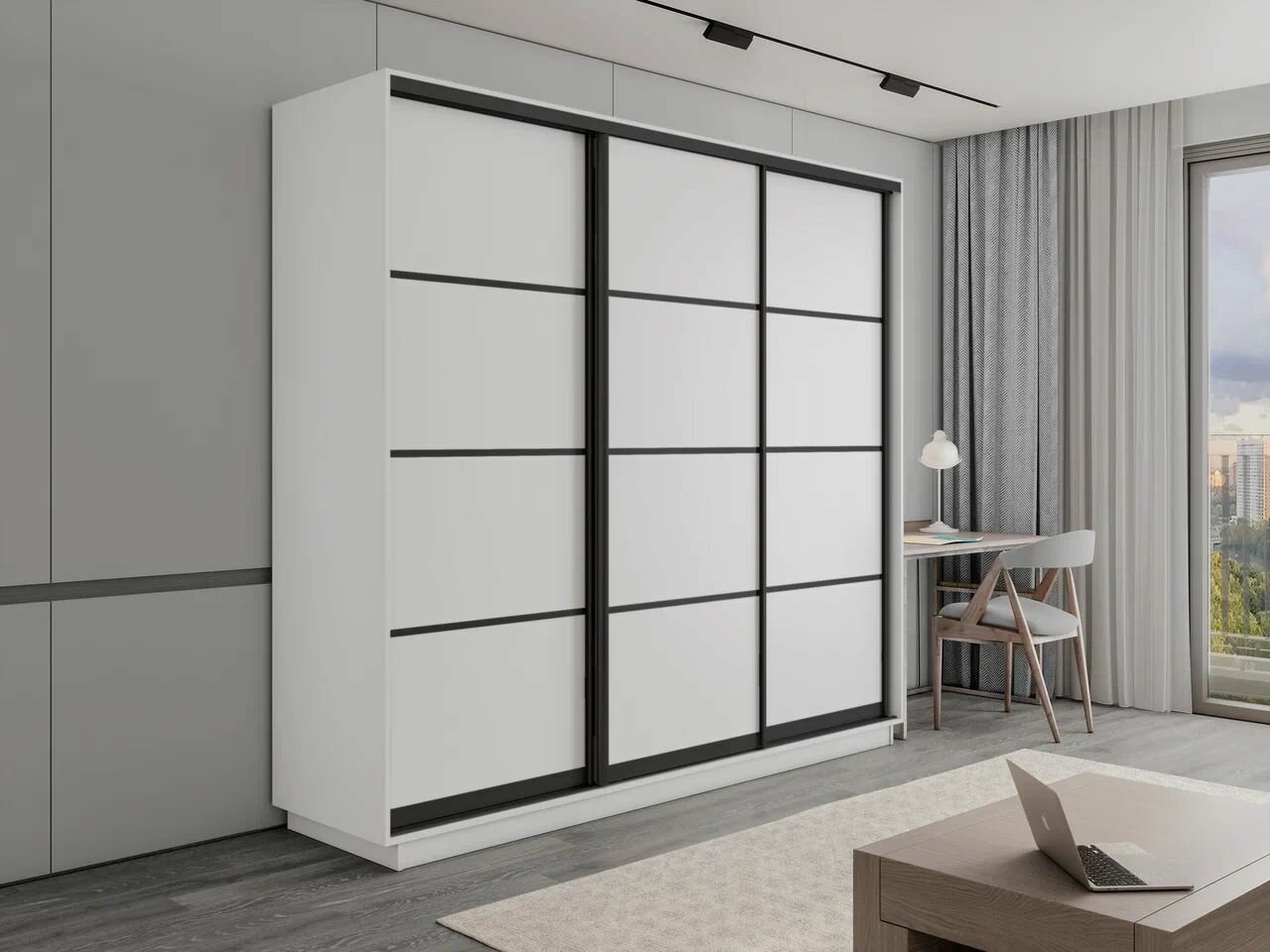 Шкаф-купе Экспресс 2,1м с полками и штангой, ДСП Белый снег/Черный профиль, Е1