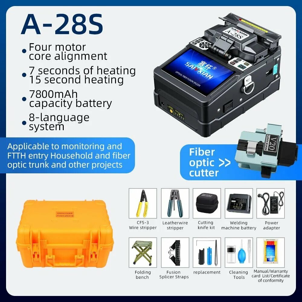 Автоматический сварочный аппарат для сварки оптического волокна A-28S, высокоточный, безопасный контроль стыковки
