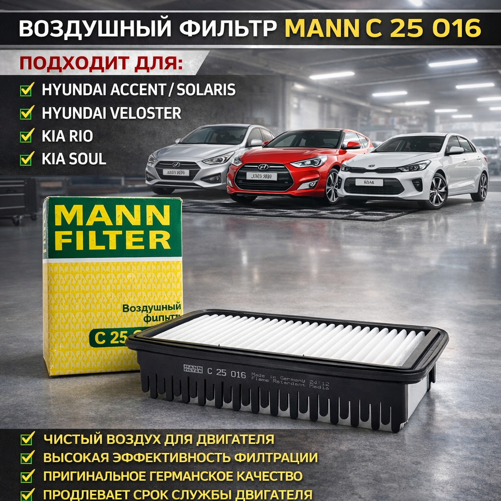 Фильтр воздушный C25016 Подходит: Hyundai Accent, Solaris, Veloster, Kia Rio, Soul