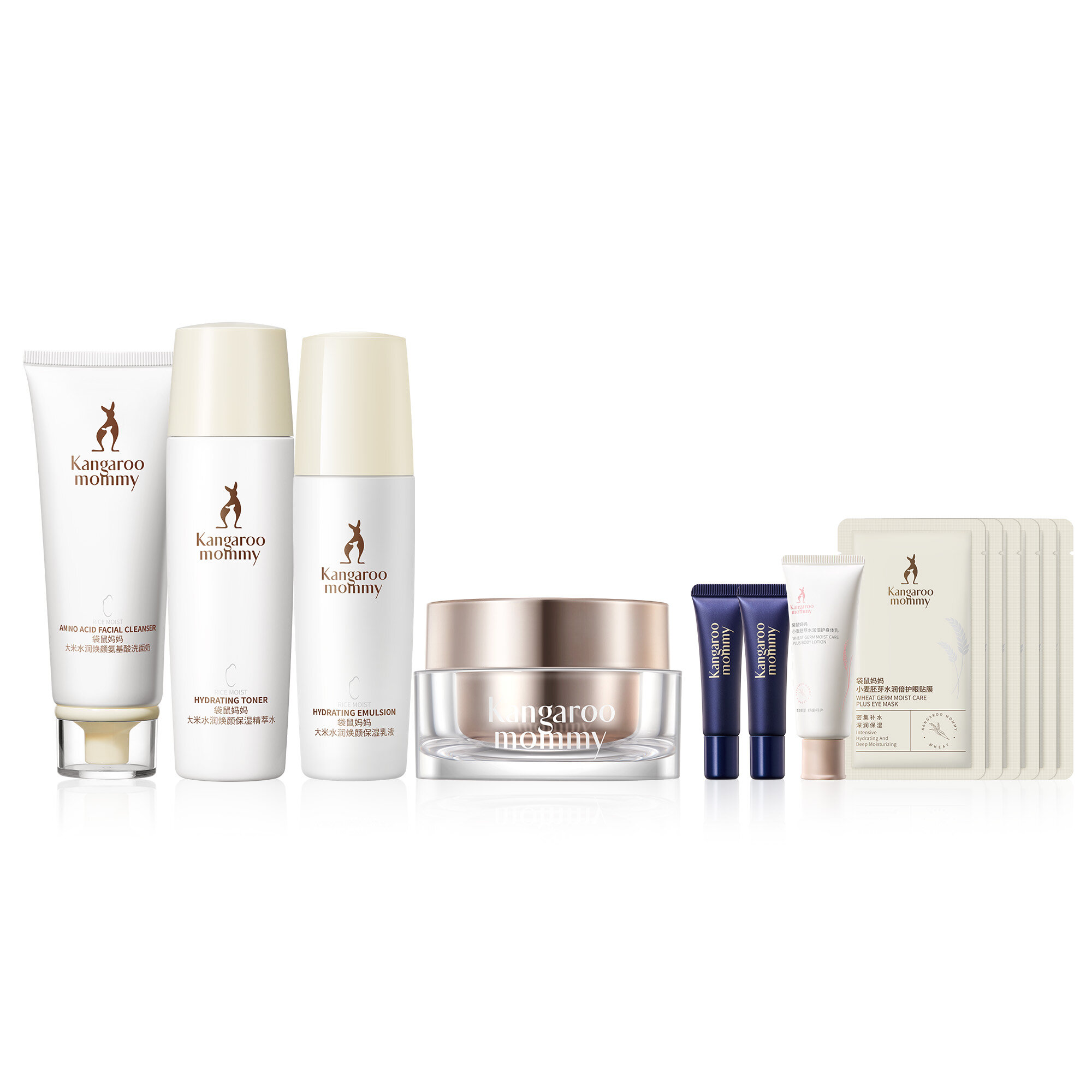 Увлажняющая омолаживающая эмульсия женская Kangaroo Mommy White Rice Water-based, Cleanser+Toner+Lotion+Cream+Body Lotion+Eye Patch+Liquid Foundation