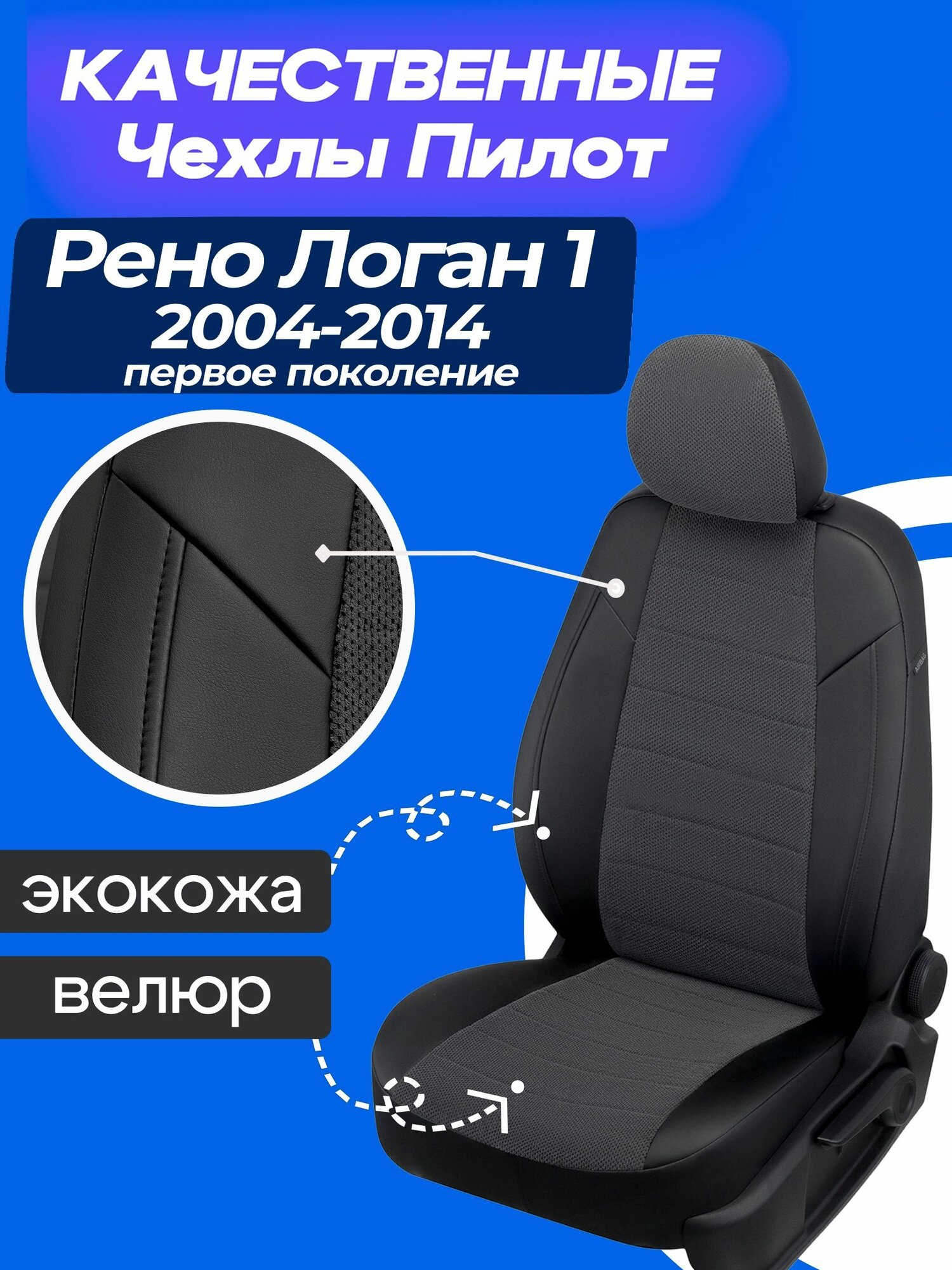 Чехлы на Рено Логан 1 2004-2014. Чехлы экокожа + велюр на сиденья Рено Логан 1 2004 2005 2006 2007 2008 2009 2010 2011 2012 2013 2014