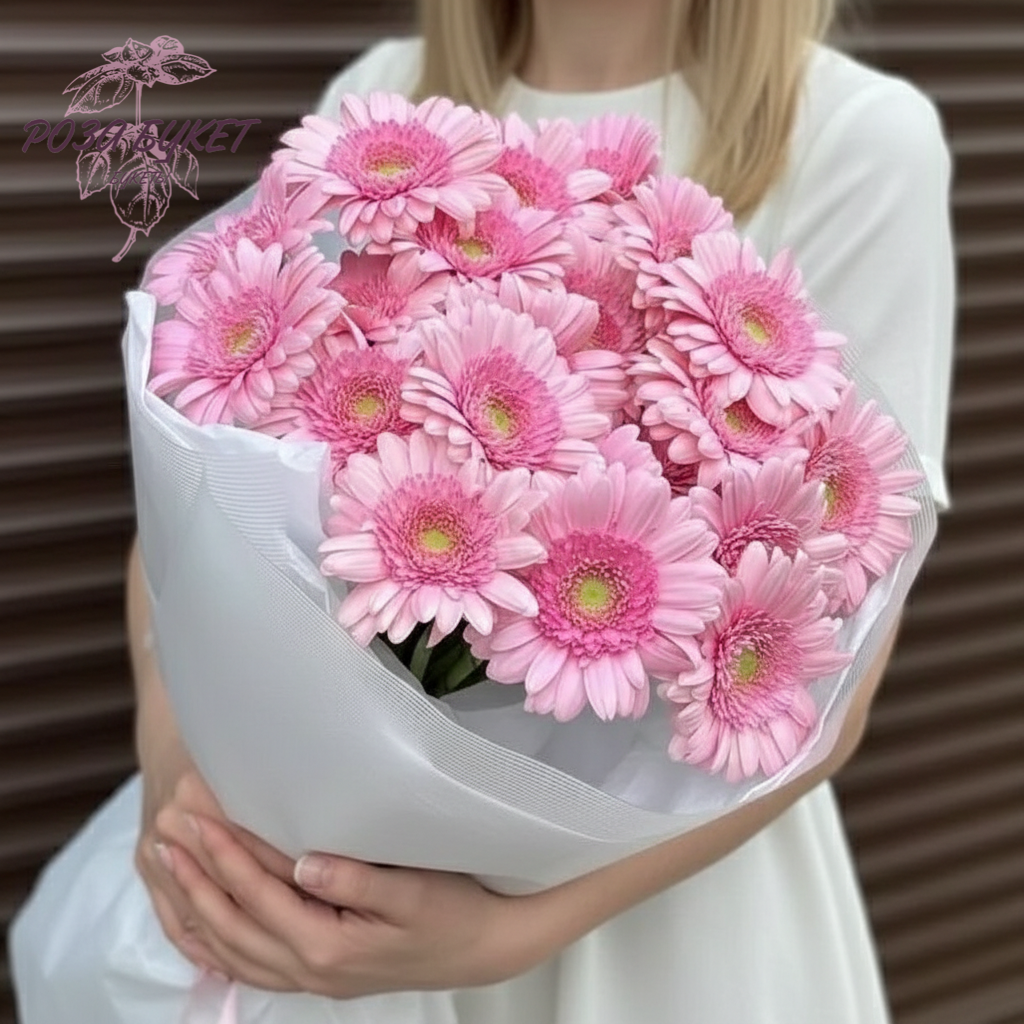 Букет цветов, розовые герберы 19 шт, красивый букет цветов, шикарный, премиум букет, долгий букет, герберы