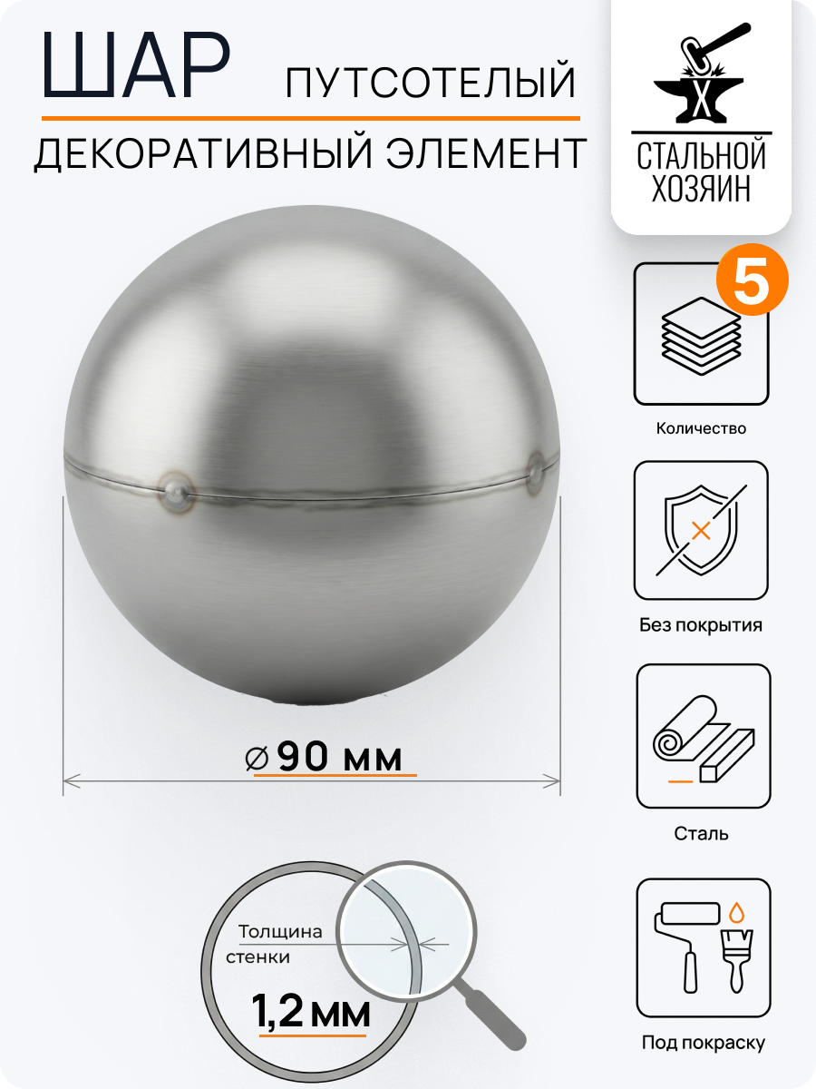 5 шт Декоративный кованый элемент Шар пустотелый Диаметром 90 мм