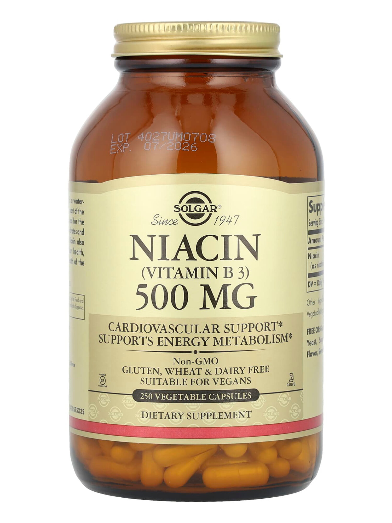 Solgar Niacin, Ниацин (Витамин B-3) 500 мг 250 вегетарианских капсул