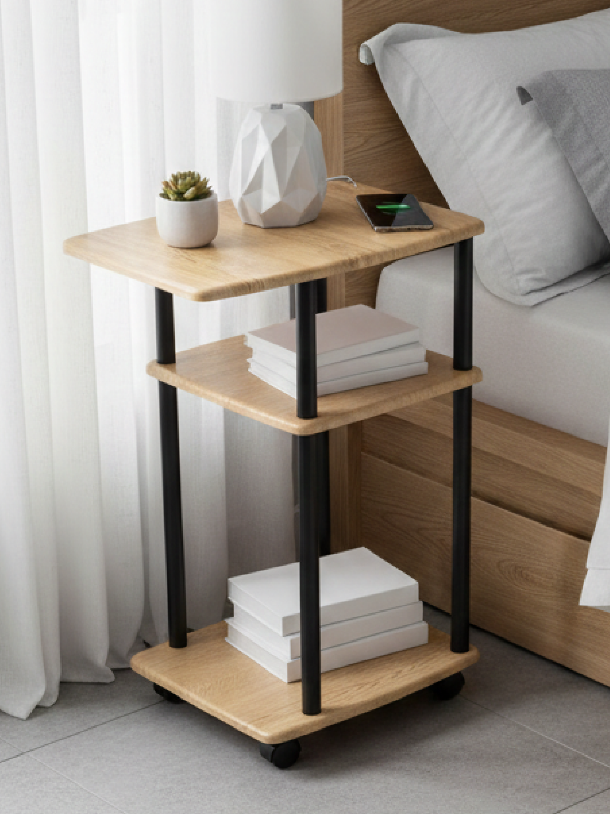 Стол GARRET, приставной, МДФ/Металл, с полочкой, современный стиль, светлый дуб