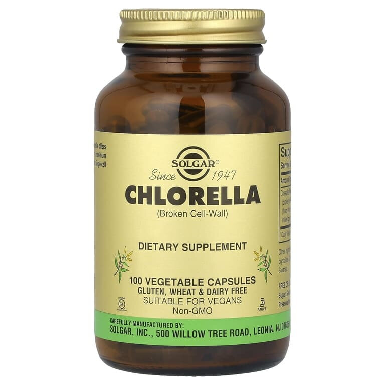 Solgar Chlorella, Хлорелла, из высушенных и измельченных зеленых микроводорослей, 100 капсул