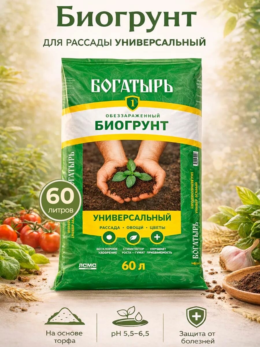 Биогрунт универсальный на основе торфа для рассады, овощей, цветов, Богатырь, 60 л