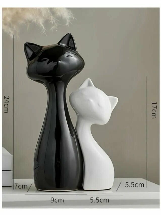 Фигурка декоративная Большая черная кошка + маленькая белая кошечка, высота 24 см, длина 30 см