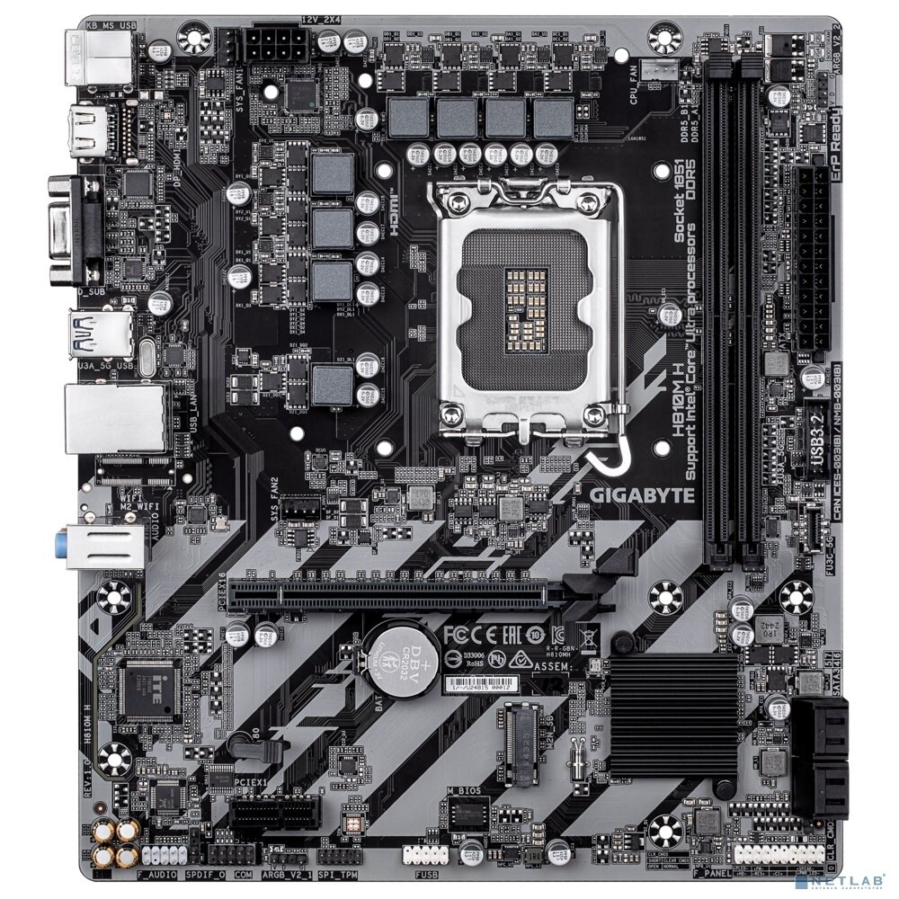 Материнская плата Gigabyte H810M H, LGA1851, Intel H810, 2xDDR5, 4xSATA, 1xM.2, 1xPCIe 4.0 x16, 1xPCIe 3.0 x1, 1xHDMI, 1xD-Sub, 1x1Gb LAN, 1xUSB-C 5Gbps, 4xUSB-A 5Gbps, 7xUSB-A 2.0, 3x3.5 мм, 7.1, mATX