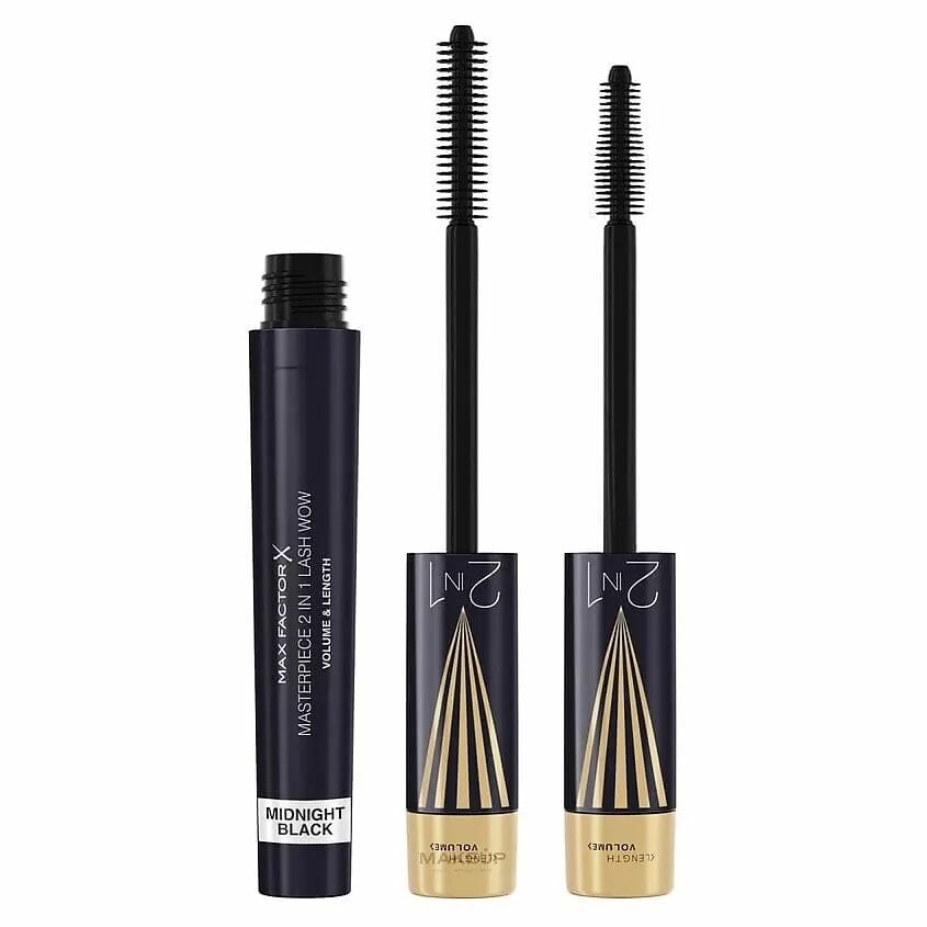 Тушь для ресниц объемная Max Factor Masterpiece 2 In 1 Lash Wow Mascara, 7 мл, цвет 003 midnight black / Удлиняющая тушь для ресниц Макс Фактор Мастерпис Лаш Вау, макияж глаз, объем и разделение