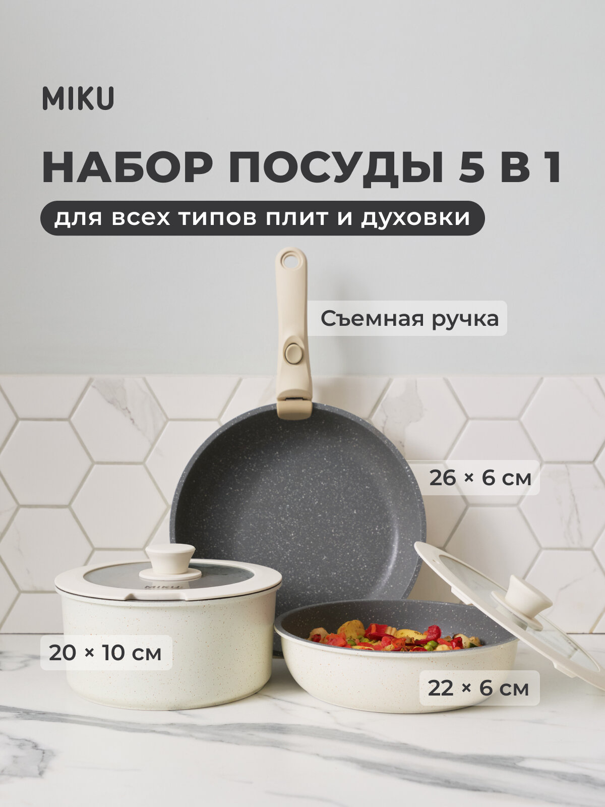 Набор посуды 5 в 1 MIKU со съемной ручкой