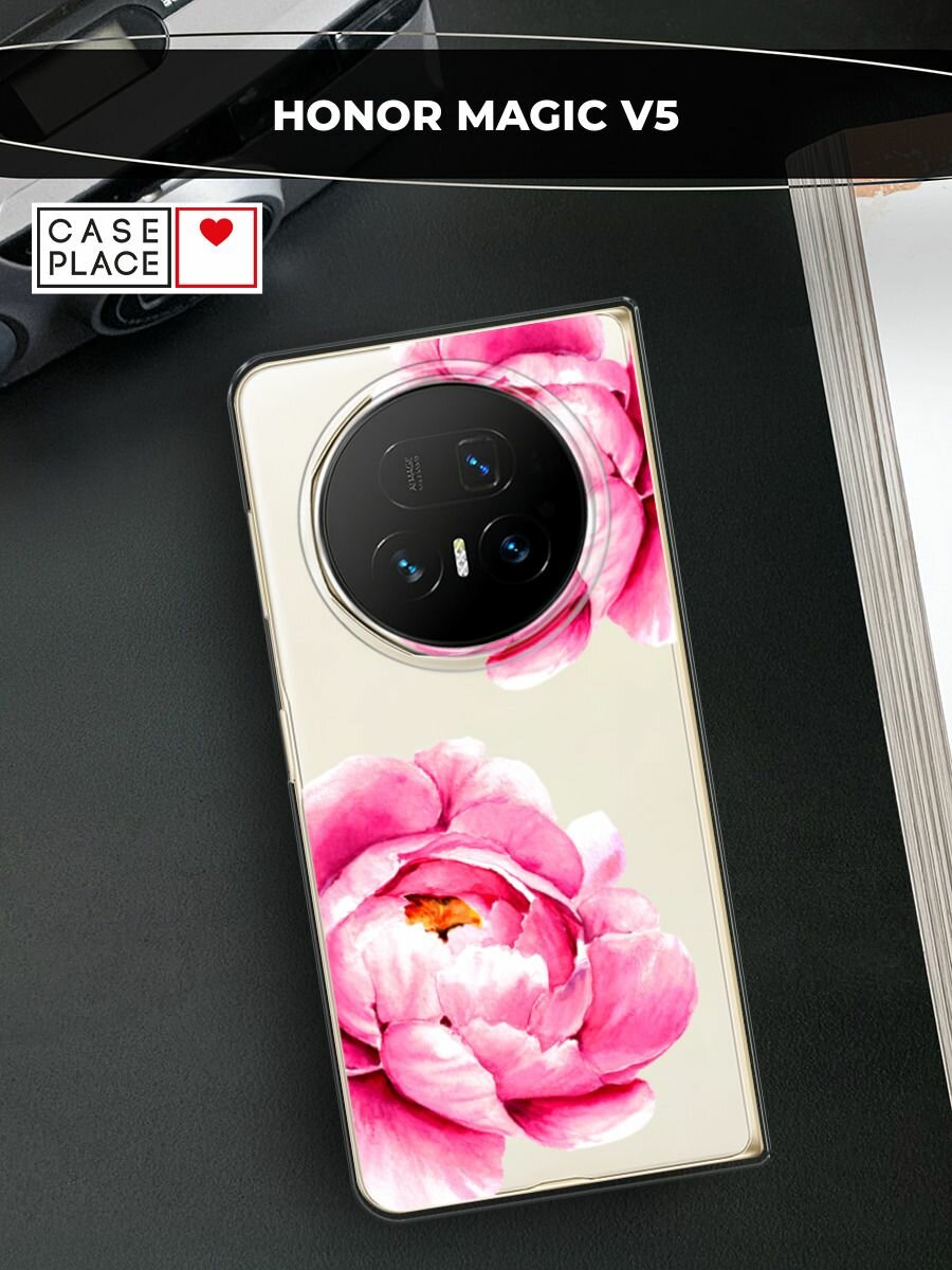 Чехол на Honor Magic V5 / Хонор Мэджик V5 с принтом Open peonies, прозрачный