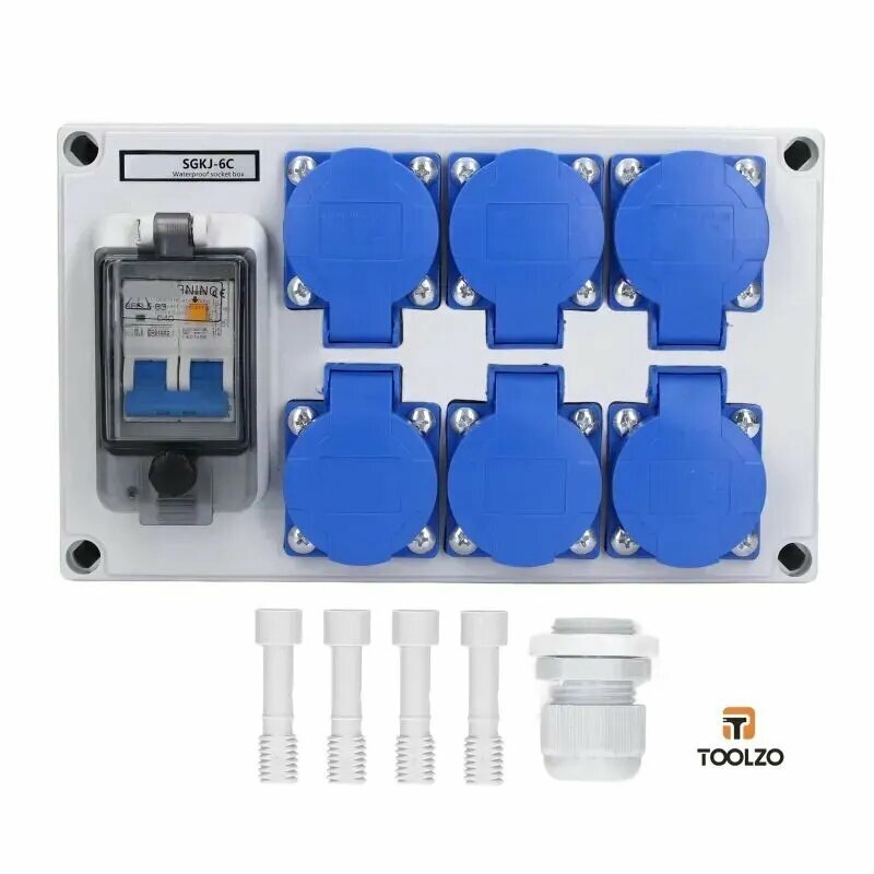Влагозащищенная розеточная коробка 6 гнезд 250V, немецкий тип, АБС-пластик