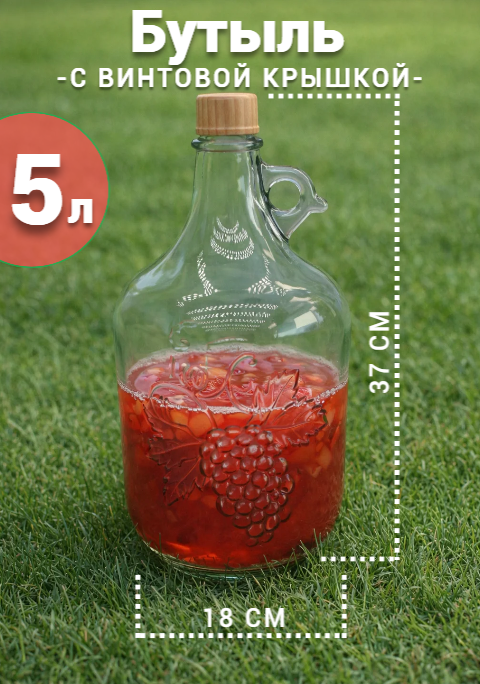 Бутыль стеклянная для напитков 5 литров "Лоза" с пробкой, прозрачная