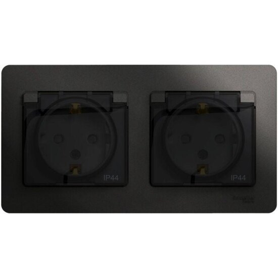 Розетка Systeme Electric (schneider Electric) SCHNEIDER ELECTRIC 2-ая с/з, со шторками, в сборе, IP44 Glossa, Антрацит, GSL000747