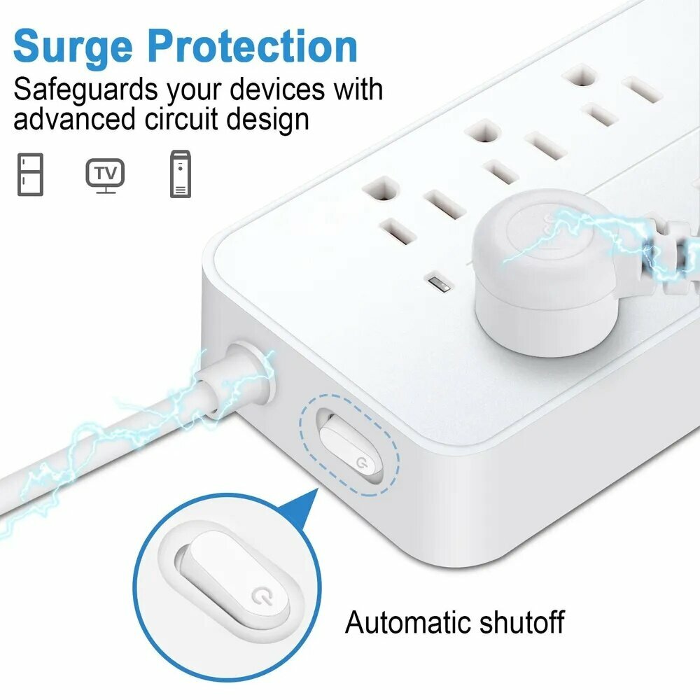 Сетевой фильтр 12-в-1, удлинитель с плоской вилкой, 8 розеток, 3 USB и 1 USB-C порт, 1700 Дж, для дома и офиса, настенный/настольный