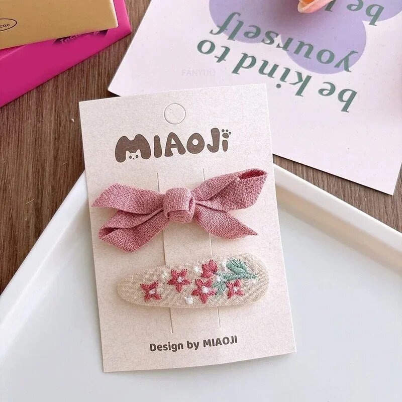 Новый однотонный бант с вышитым цветком, корейская детская заколка для девочек, Розовый, Pink