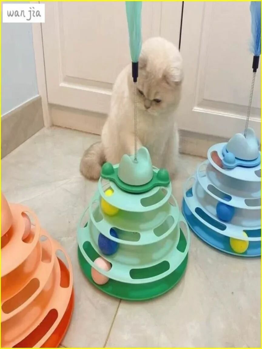 Пирамидальная кошачья игровая башня с игрушечным животным мятно-зеленого цвета