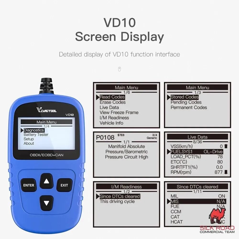 Диагностический сканер OBD2 VDIAGTOOL VD10 для авто, USB, для легковых автомобилей, бензин