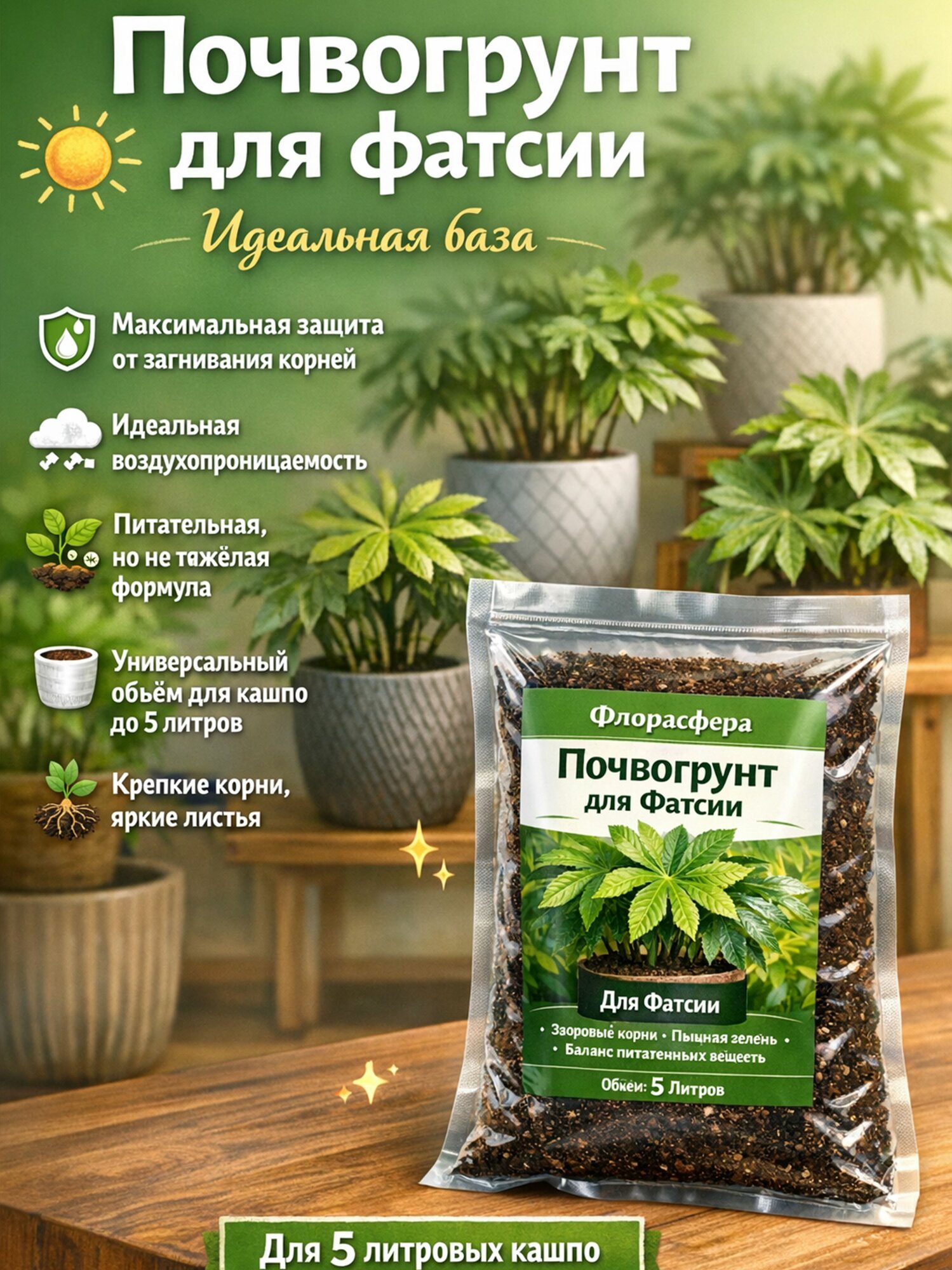 Почвогрунт для фатсии для кашпо до 5л премиум грунт для растений