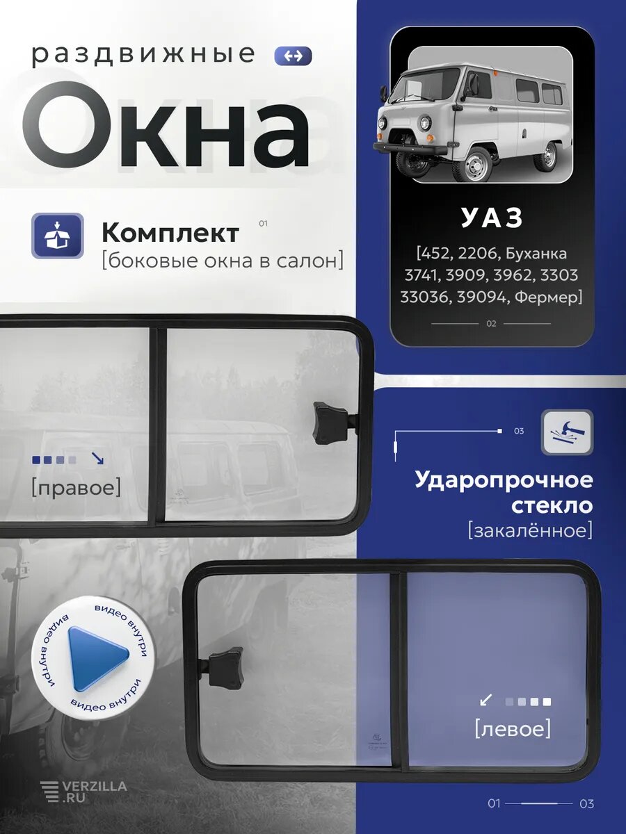 Окна раздвижные УАЗ Буханка, боковой проём, комплект