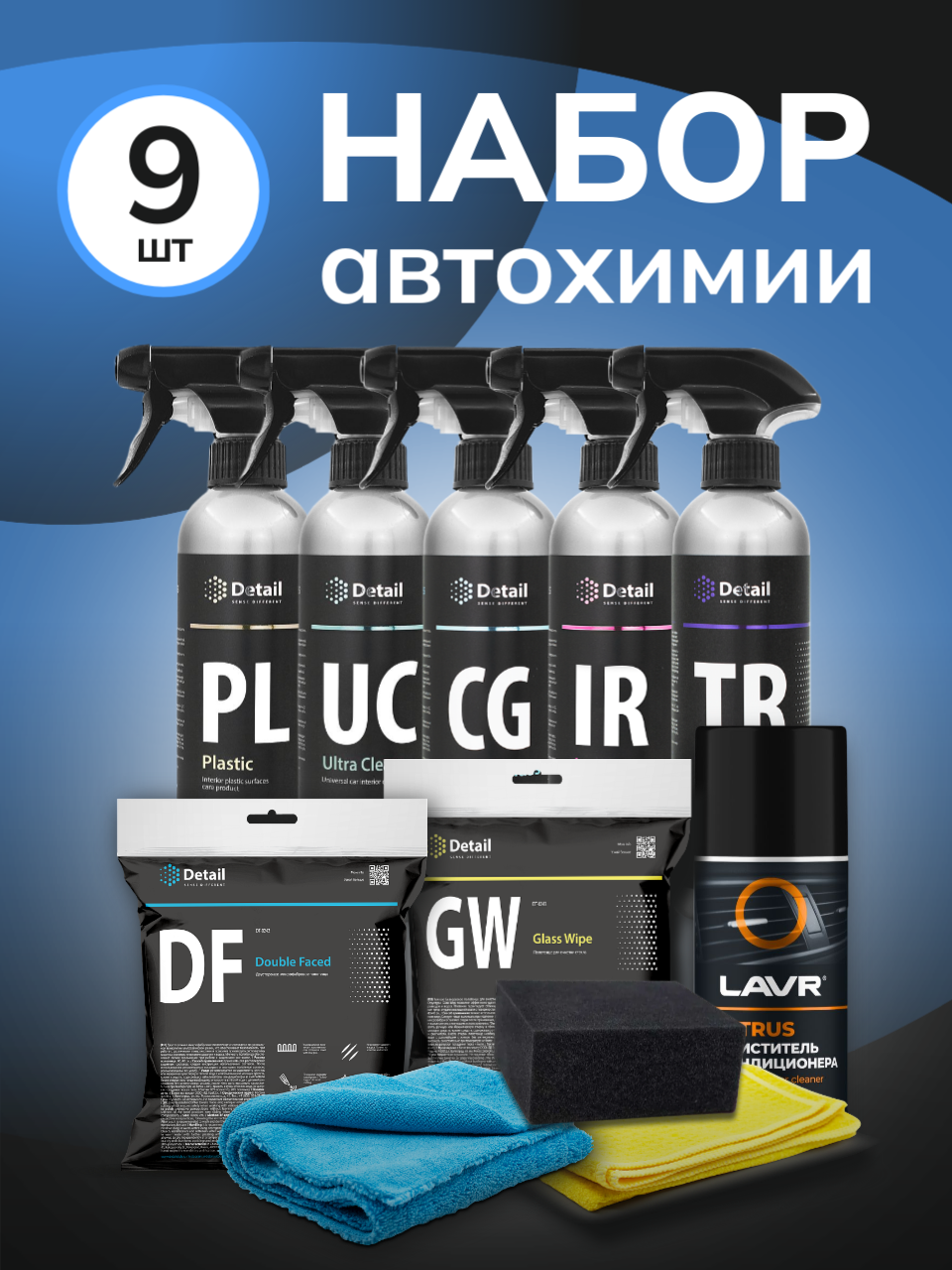 Набор для ухода за автомобилем: чистка салона и стекол, уход за пластиком, диски и шины — автокосметика Detail