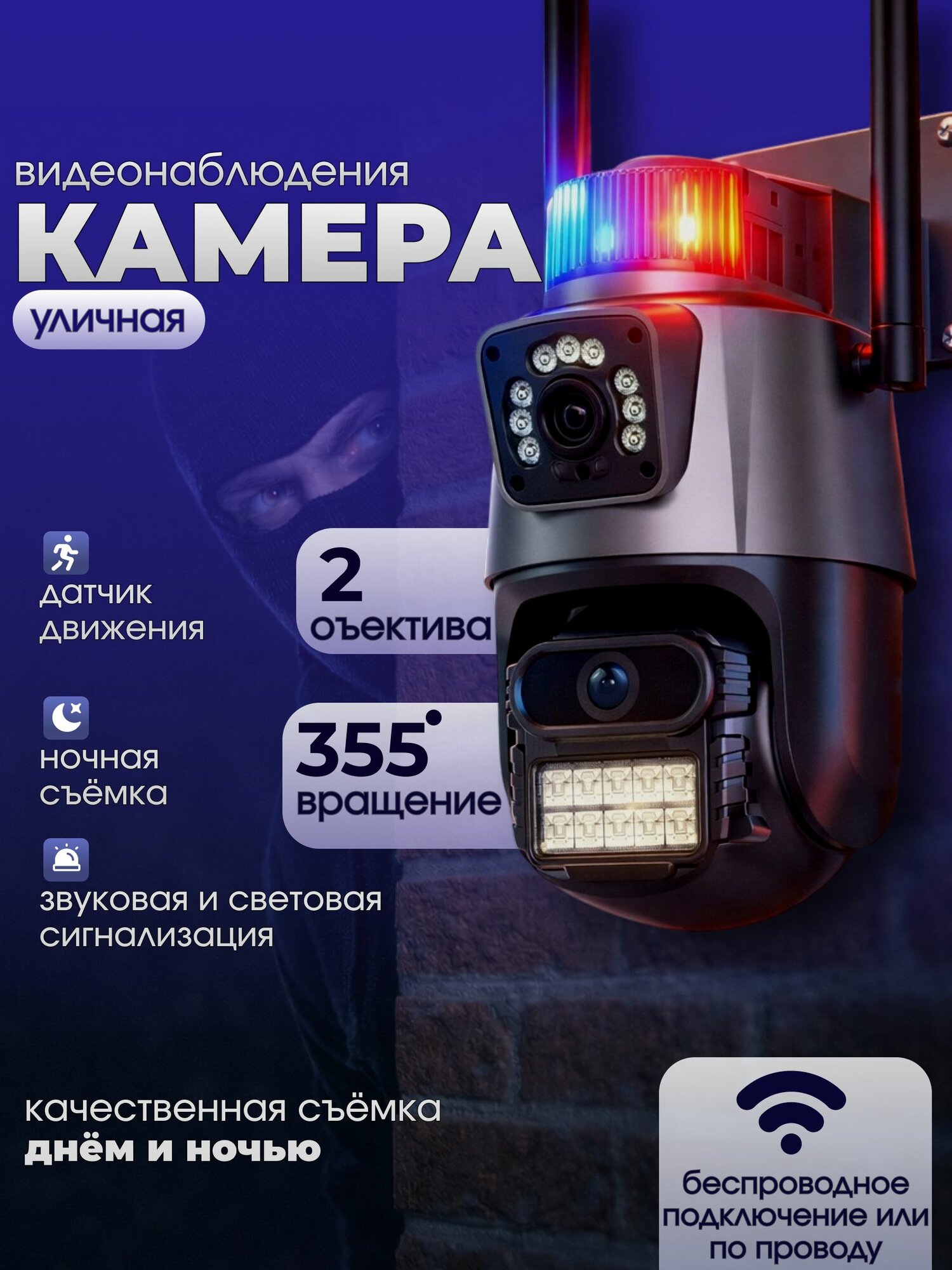 Камера видеонаблюдения уличная , поворотная с датчиком движения и двумя объективами, с ночной съемкой