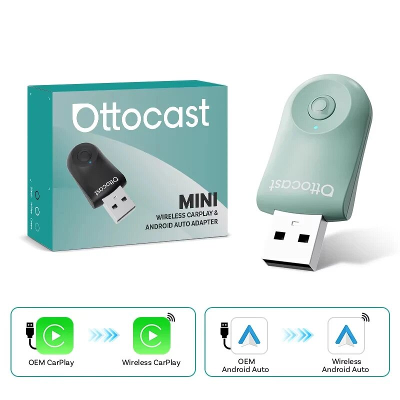 OTTOCAST Mini 2-в-1 беспроводной адаптер CarPlay Android Auto с отключением одной кнопкой, Green