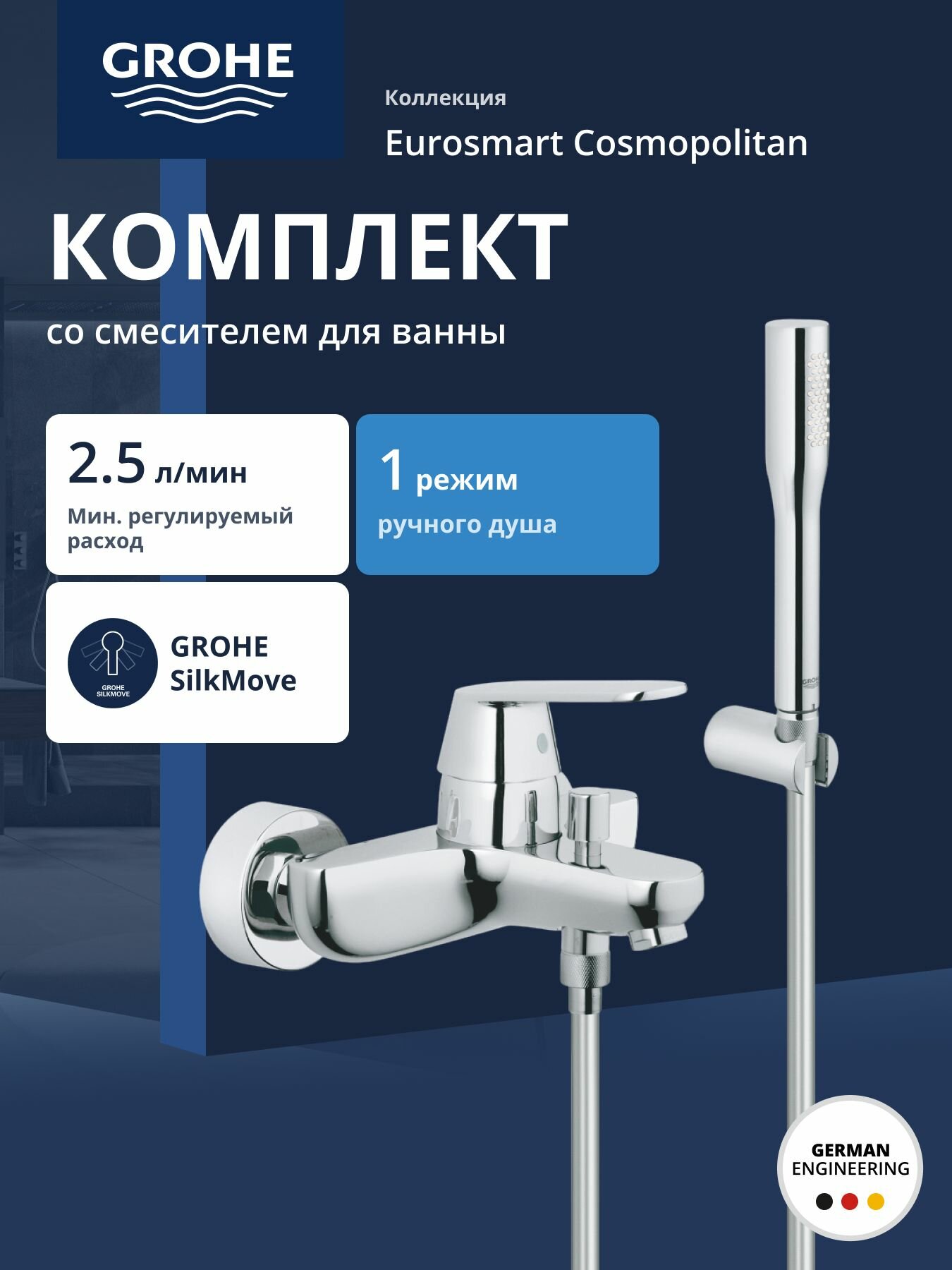 Смеситель для ванны GROHE Eurosmart Cosmopolitan с душевым гарнитуром, хром (32832000)