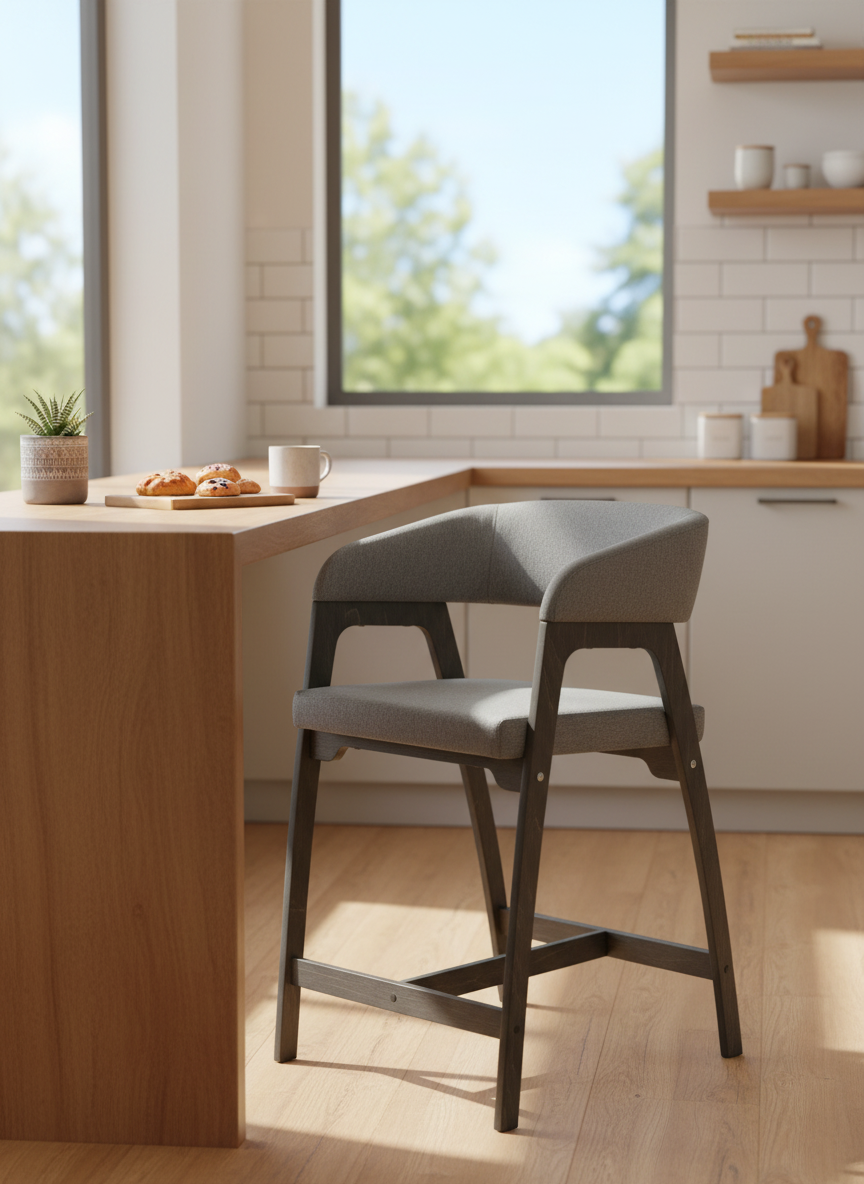 Полубарный стул мягкая посадка с подлокотниками и с мягкой спинкой, серая рогожка, ножки темные 54х58х93 см