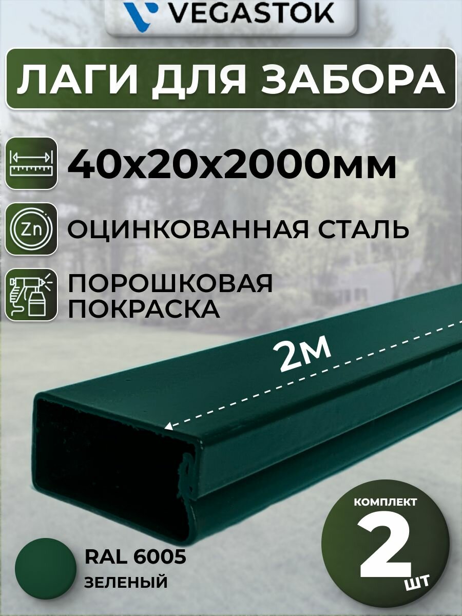 Лаги для забора металлические 40х20 2м, 2 шт, зеленый 6005