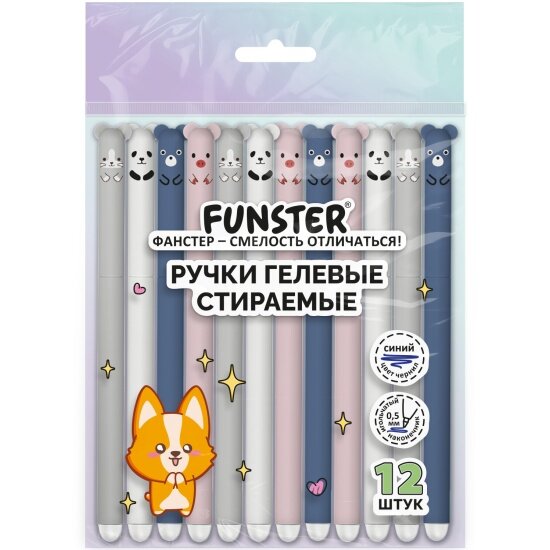 Funster Ручки гелевые стираемые (фанстер) "CUTE ANIMALS", синие, набор 12 ШТ, корпус soft-touch, узел 0,5 мм, линия письма 0,35 мм, 144435