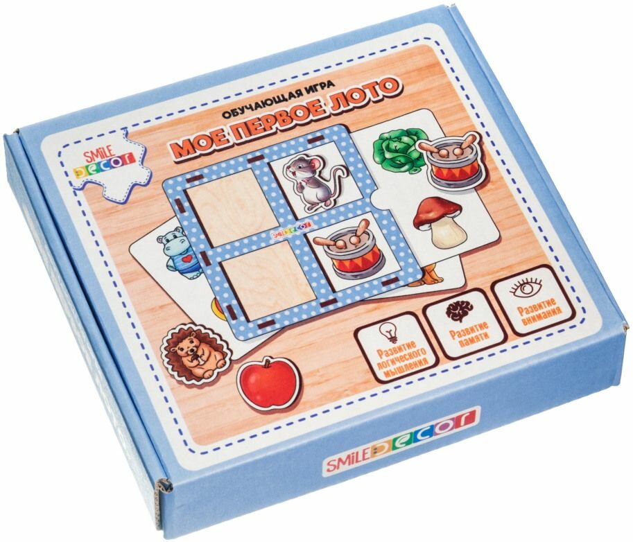 Обучающая игра Smile Decor "Мое первое лото", настольная игра для малышей, развитие логики и внимания, в составе деревянный планшет, фигурки, двусторонние карточки с заданиями и текстильный мешочек
