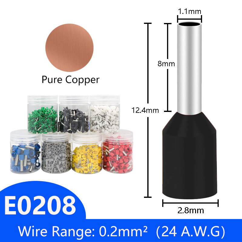 500 шт. E0208 чистый медный концевой зажим для провода Трубчатый обжимной зажим