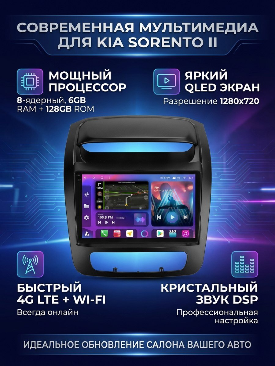 Штатная магнитола Киа соренто 2 хм (Kia Sorento 2 II XM) 2012-2021 на Android 14, WiFi + 4G, CarPlay