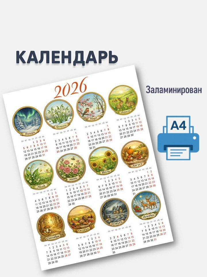 Календарь 2026 г, Настенный, A4, Времена года (ламинированный)