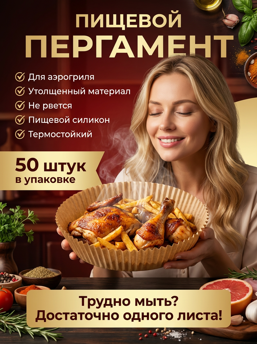 Пергамент вкладыш для аэрогриля, пергаментная бумага для выпечки, форма для выпечки бумажная, цвет бежевый, 20 см, 50 шт