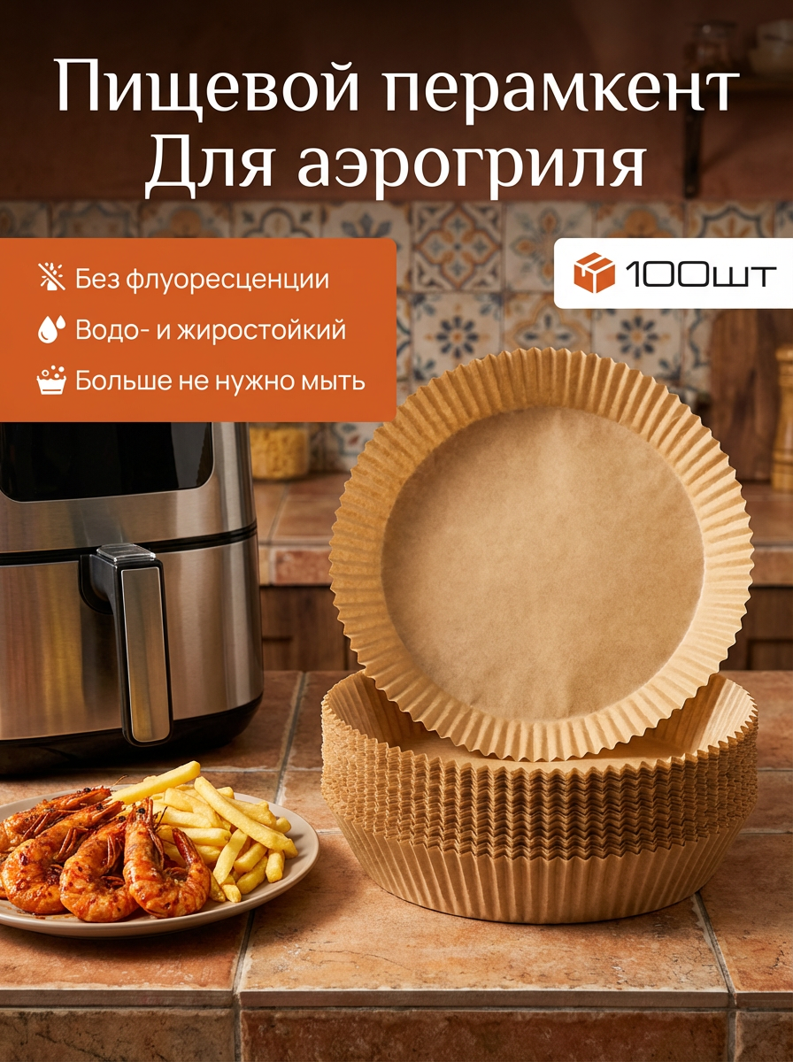 Пергамент вкладыш для аэрогриля, пергаментная бумага для выпечки, форма для выпечки бумажная, цвет бежевый, 20 см, 50 шт