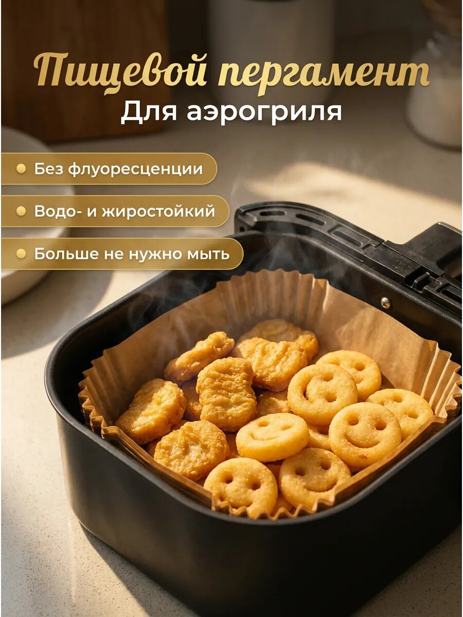 Пергамент вкладыш для аэрогриля, пергаментная бумага для выпечки, форма для выпечки бумажная, цвет бежевый, 20 см, 50 шт